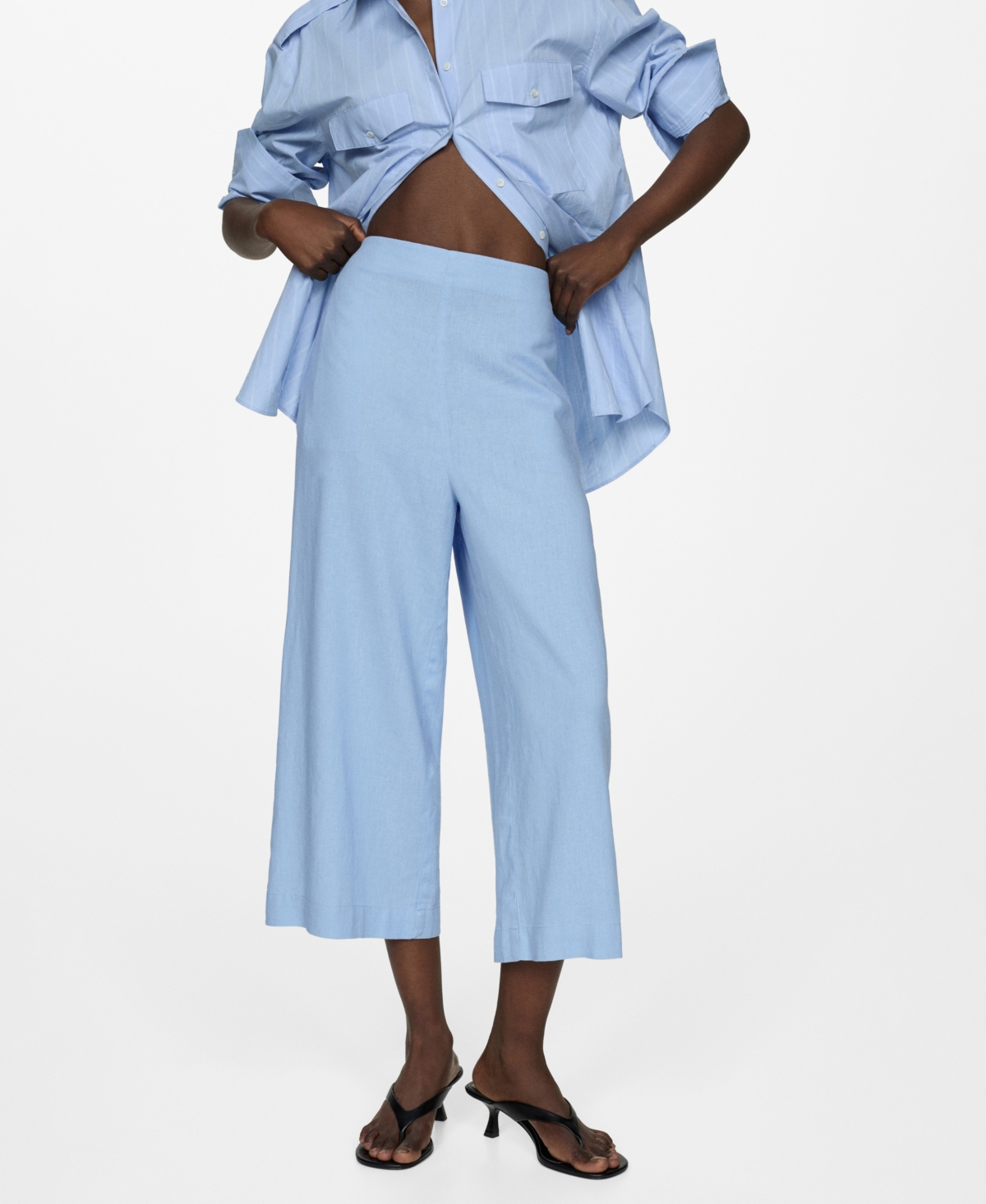 Click here for Mango Womens Wide Leg Linen Pants - Sky Blue prices