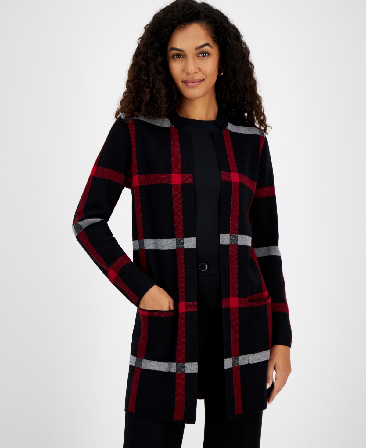 Click here for Kasper Womens Windowpane Open-Front Cardigan - Bla... prices