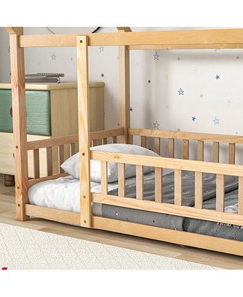 Simplie Fun Twin Size Floor Wooden Bed with House Roof Frame, Fence ...