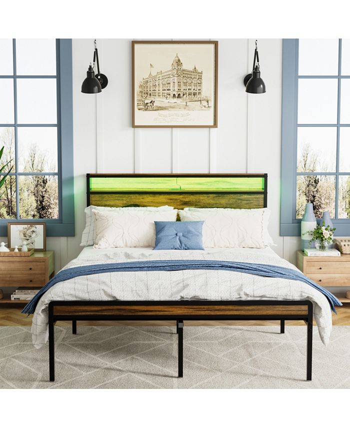 Simplie Fun Queen Size Bed Frame, Storage Headboard with LED Light ...