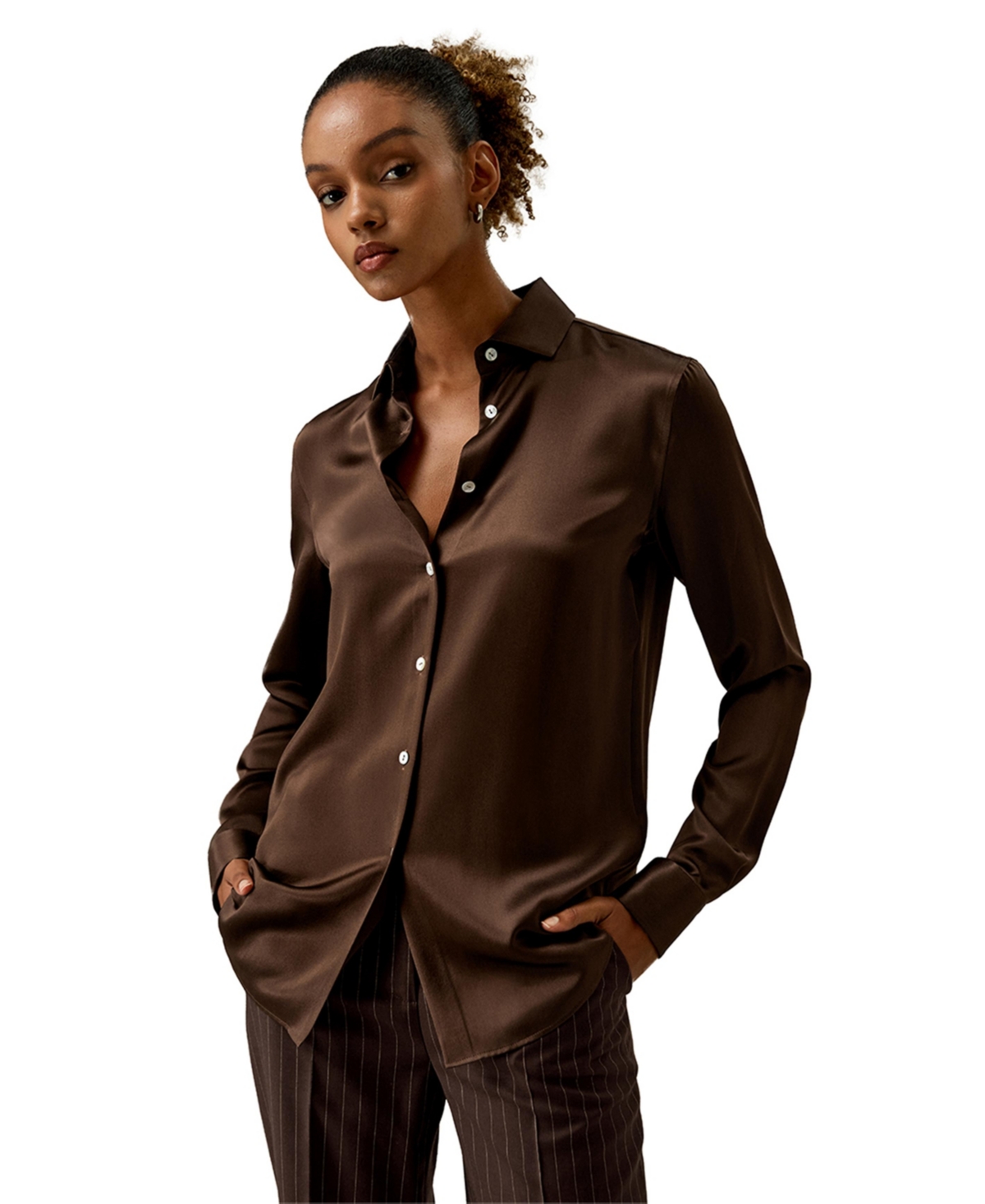 Click here for Spread Collar Silk Shirt for Women - Chocolate prices
