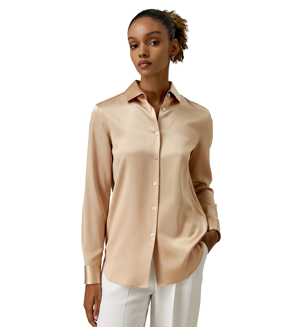 Click here for Spread Collar Silk Shirt for Women - Light camel prices