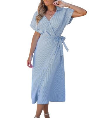 CUPSHE Women's Blue Pin Stripe Collared Wrap Midi Beach Dress - Macy's