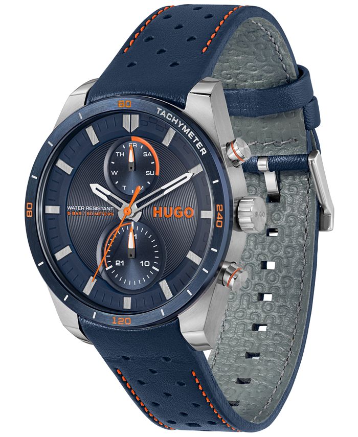 Hugo Boss Men's Fast Quartz Multifunction Blue Leather Watch 44mm - Macy's
