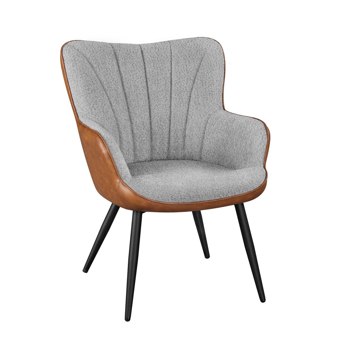 Yaheetech Modern Pleated Curved Back Boucle Fabric and Faux Leather Accent Chair Upholstered Armchair  Grey/ Retro Brown - Gray/retro brown