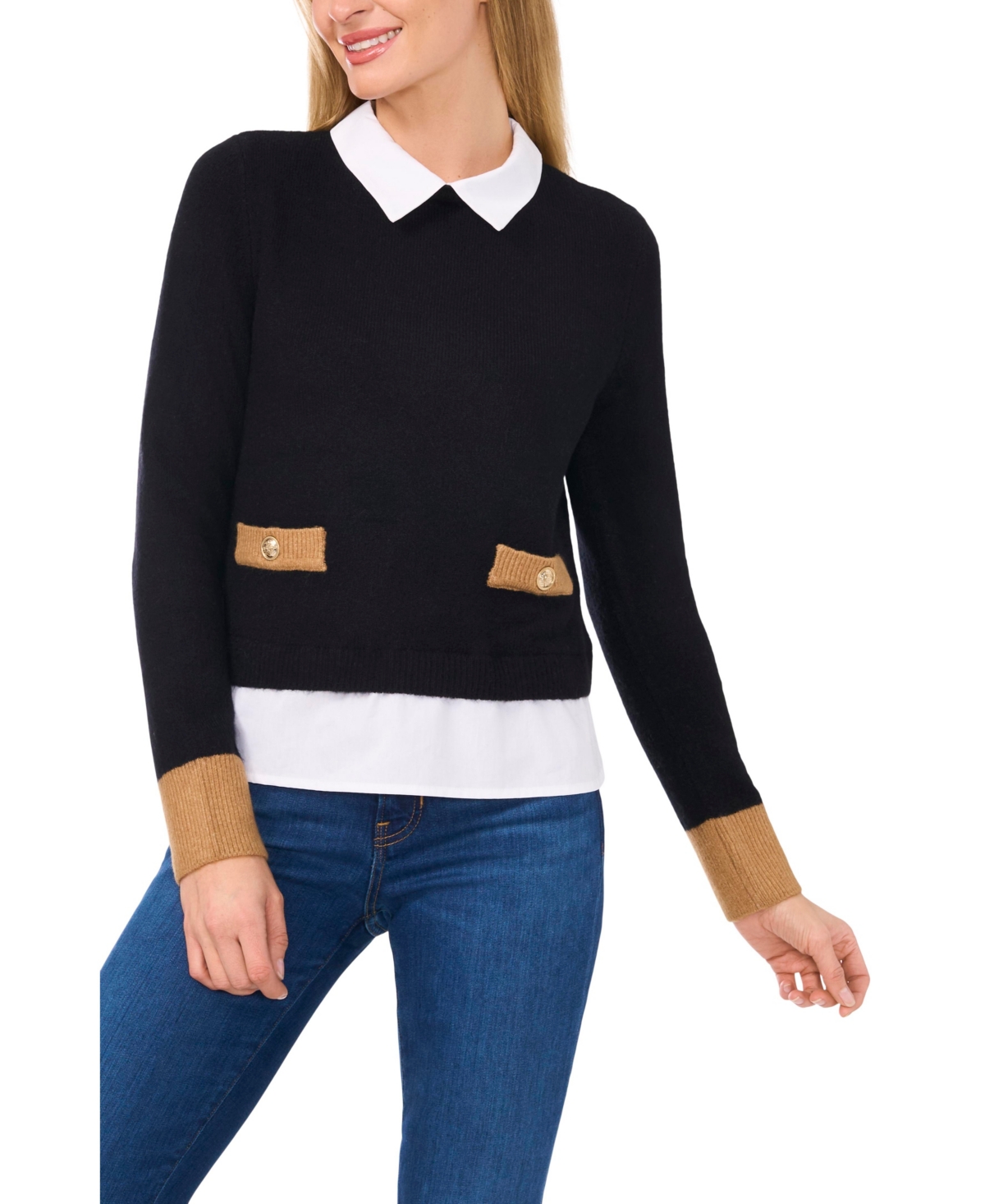 Click here for CeCe Womens Two-Fer Collared Pocket Detail Sweater... prices