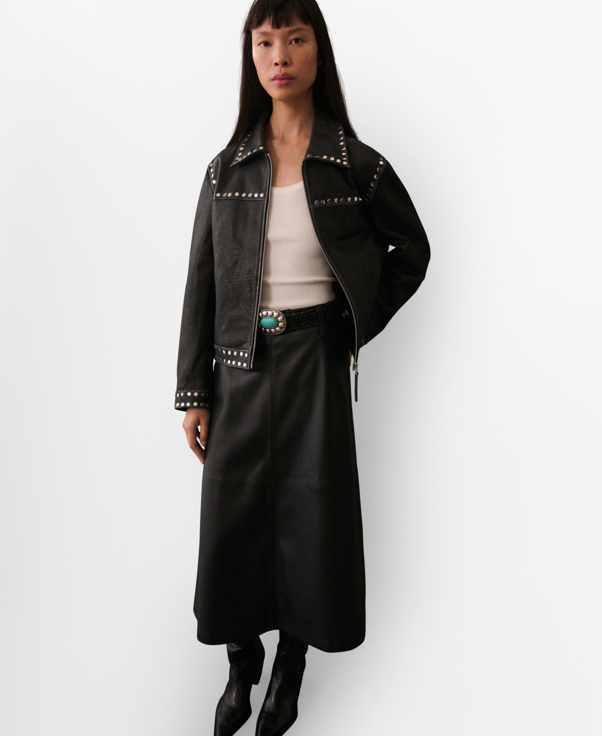 Click here for Mango Womens Studded Leather Jacket - Black prices