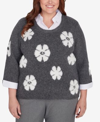 Alfred Dunner Plus Size Copenhagen Floral Collared Two in One Sweater ...