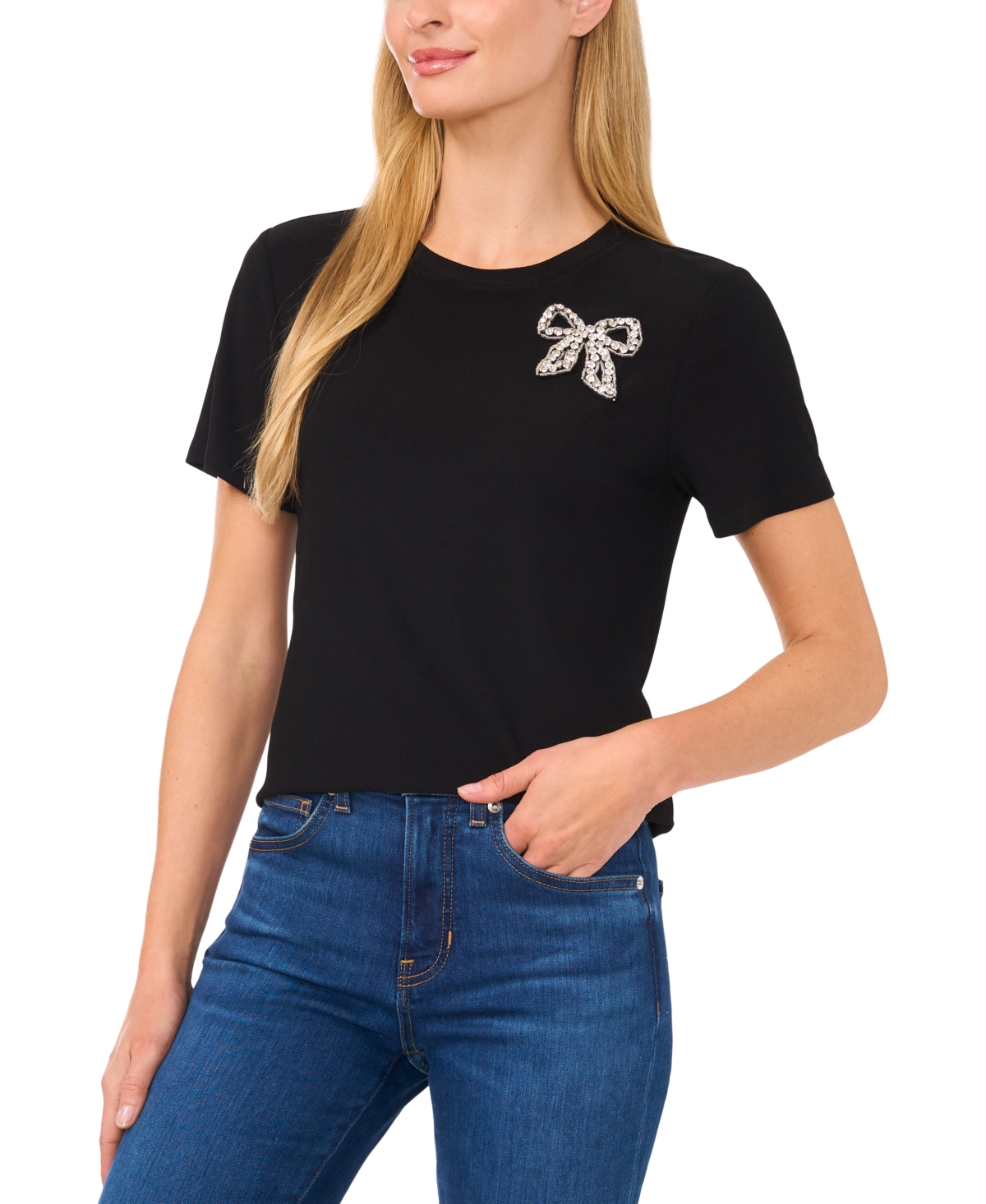Click here for CeCe Womens Embellished Bow Tee - Rich Black prices