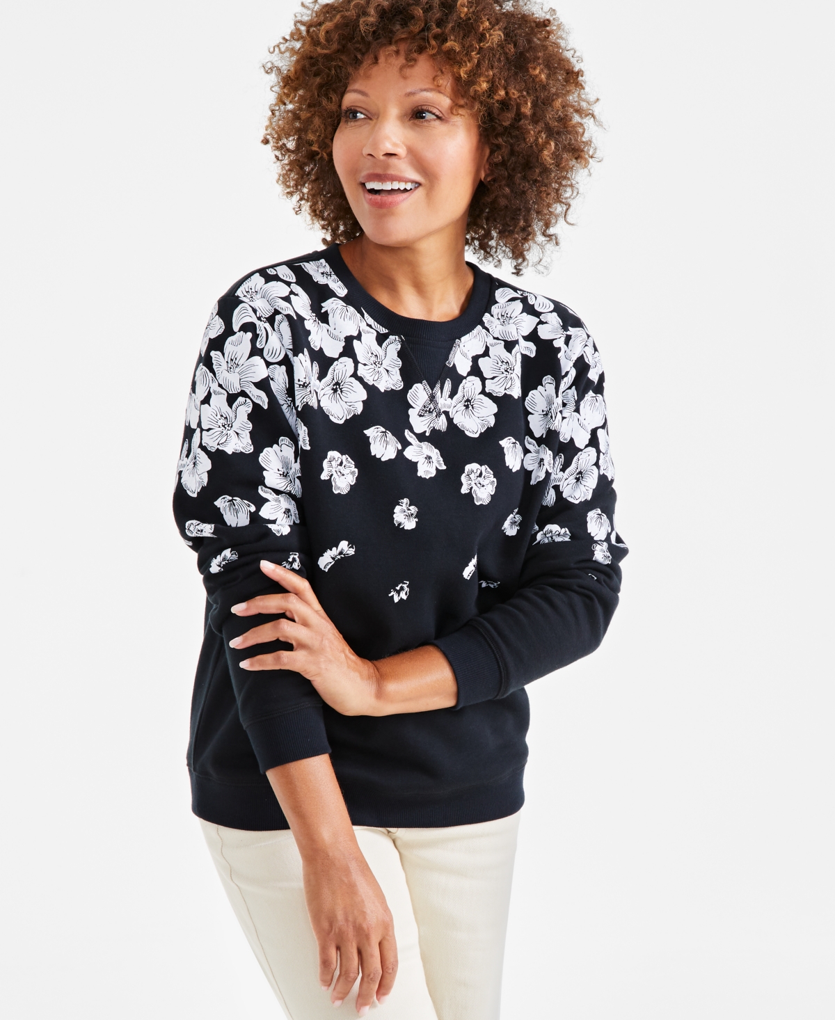 Click here for Style & Co Petite Printed Fleece Crewneck Sweatshi... prices