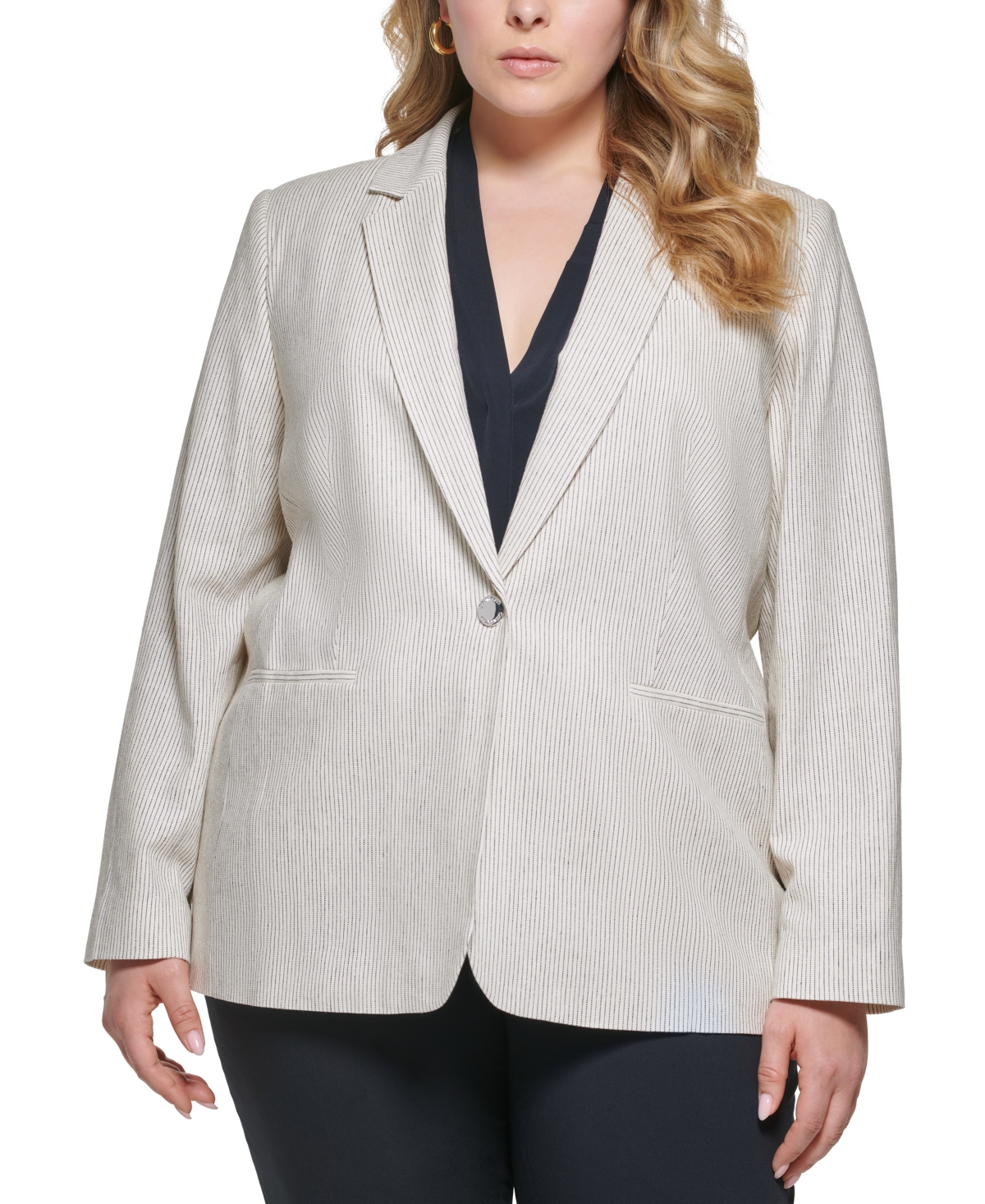 Click here for Calvin Klein Plus Size Striped Linen-Blend One-But... prices