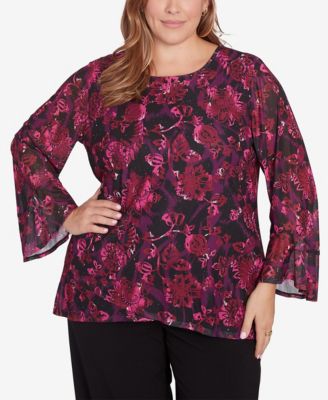 Ruby Rd. Plus Size Foiled Floral Mesh Top - Macy's