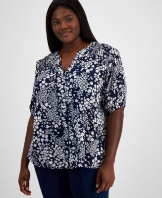 Tommy Hilfiger Plus Size Floral-Print Smocked Split-Neck Top - Macy's