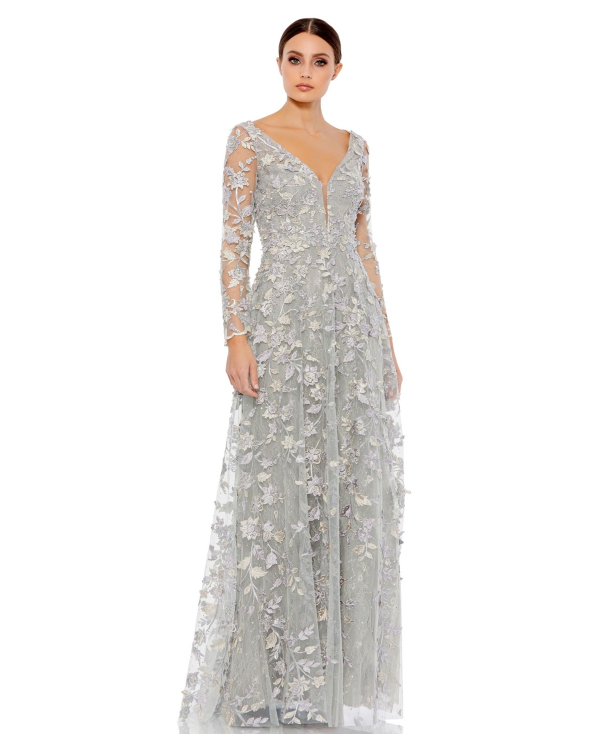 Click here for Mac Duggal Womens Floral Applique Long Sleeve Illu... prices
