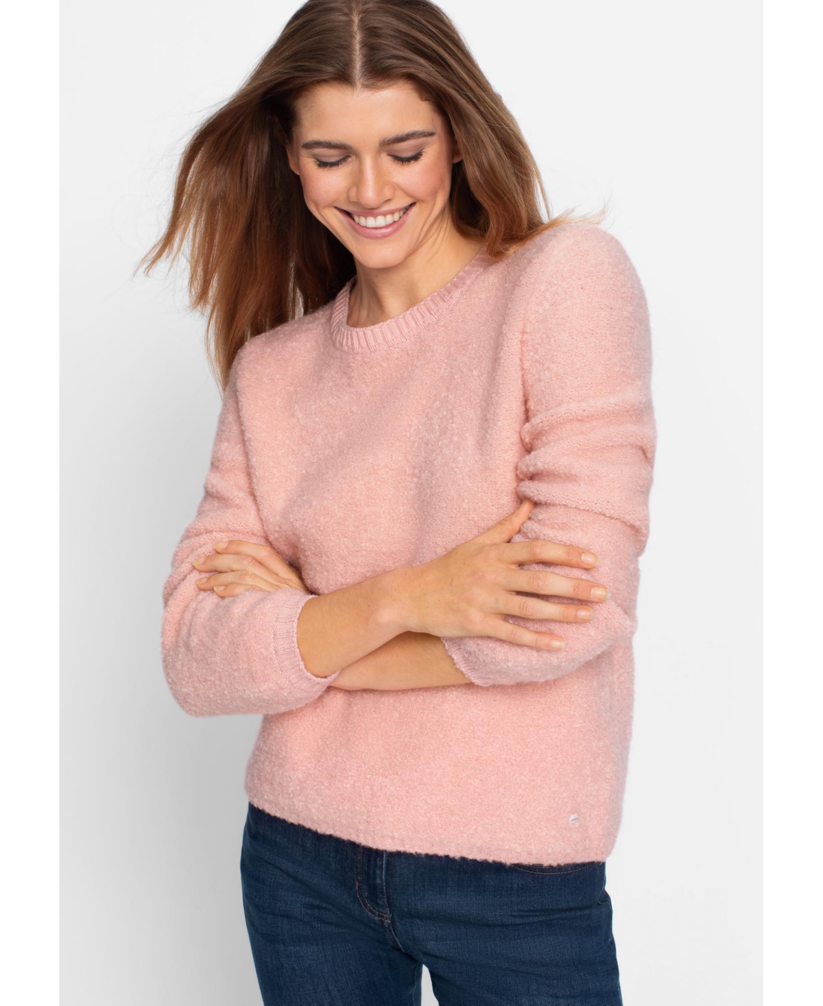 Click here for Olsen Womens Boucle Knit Boat Neck Sweater - Apric... prices