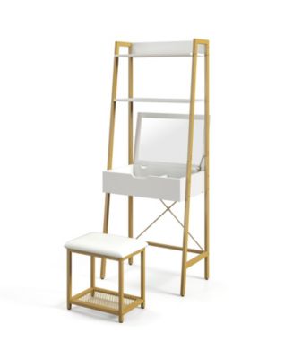 SUGIFT Ladder Vanity Desk Set with Flip Top Mirror and Cushioned Stool ...