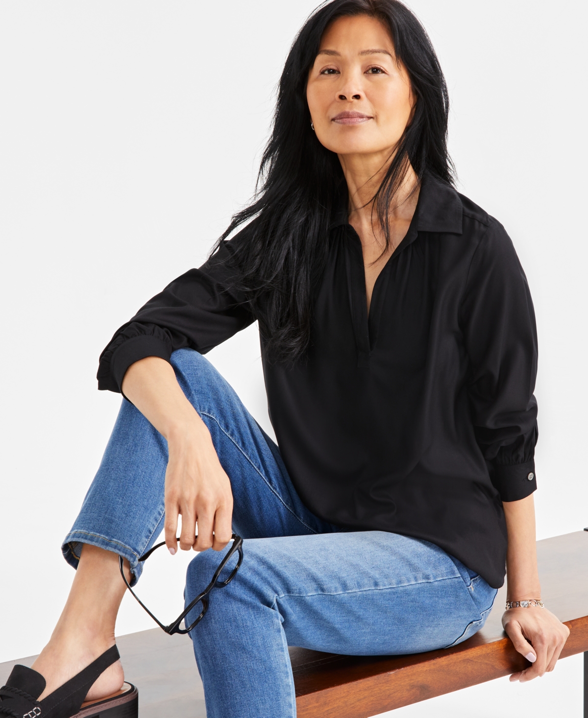 Click here for Style & Co Womens Johnny Collar Long-Sleeve Shirt... prices