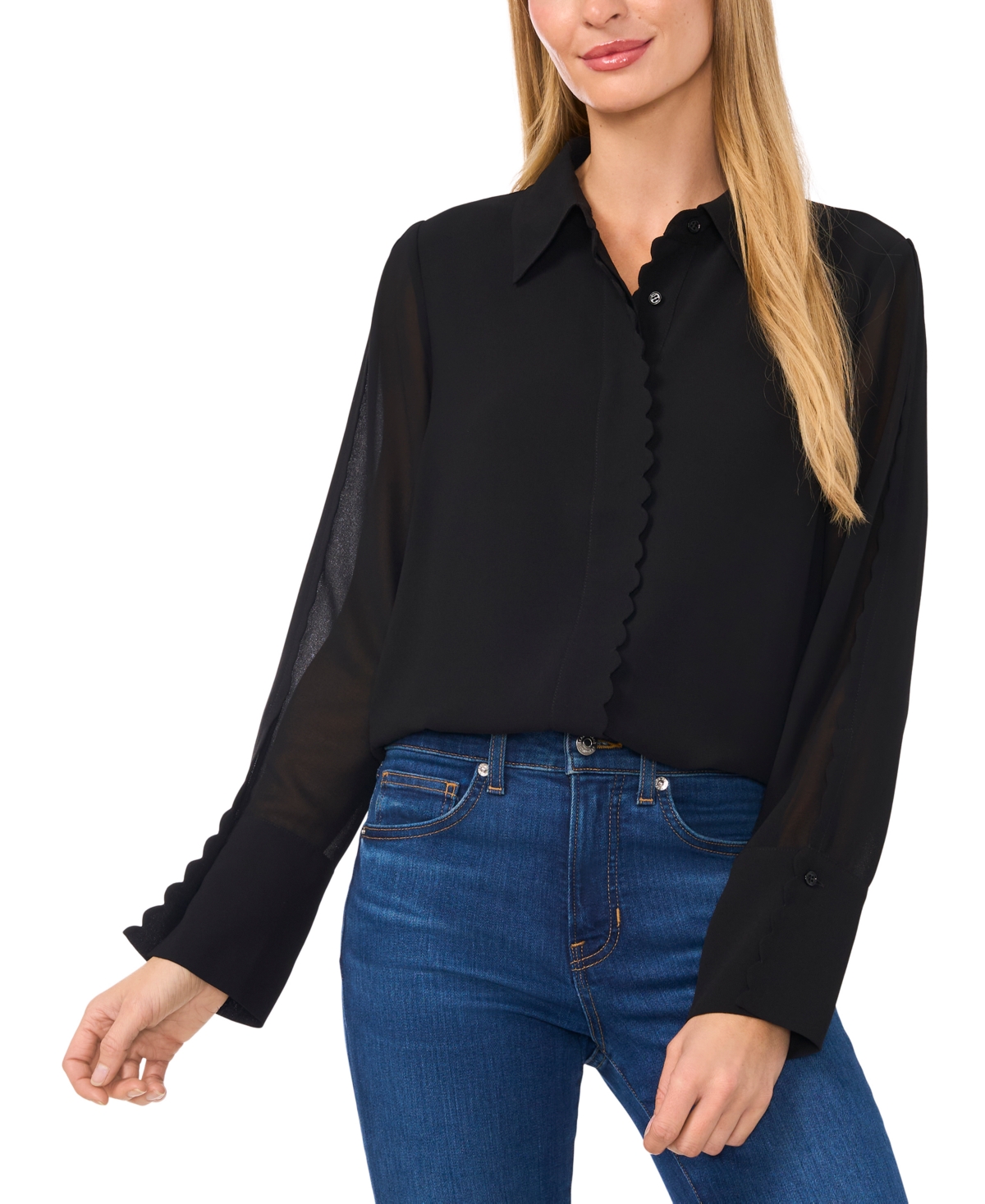 Click here for CeCe Womens Scalloped-Trim Collared Long-Sleeve Bl... prices
