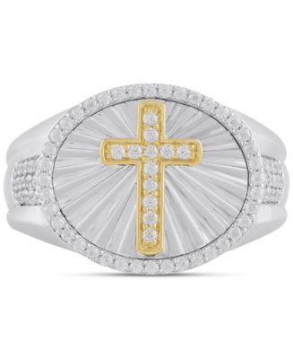 Men's Diamond Cross Oval Ring (1/2 ct. t.w.) in Sterling Silver & 18k ...