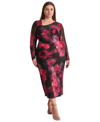 DKNY Plus Size Side-Ruche Printed Mesh Dress - Macy's