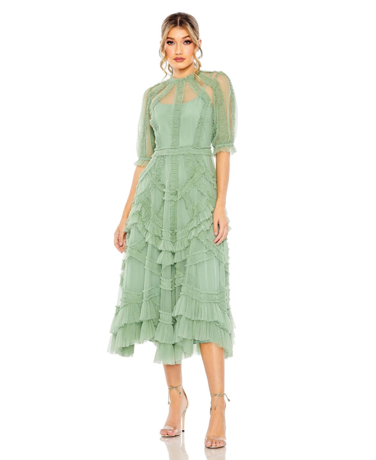 Click here for Mac Duggal High Neck Puff Sleeve Ruffle Tiered Dre... prices