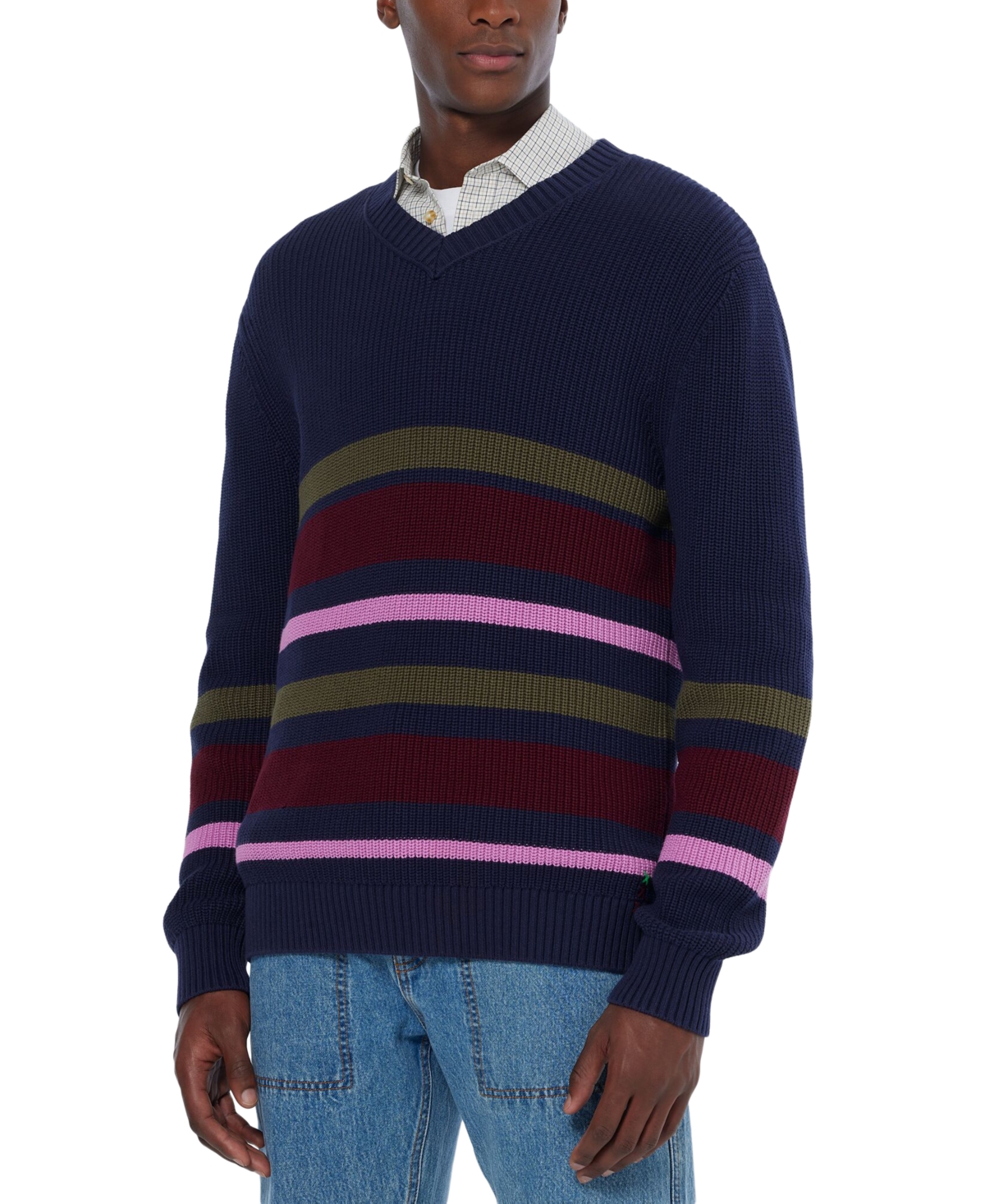 Click here for Scotch & Soda Mens Striped V-Neck Sweater - Navy prices