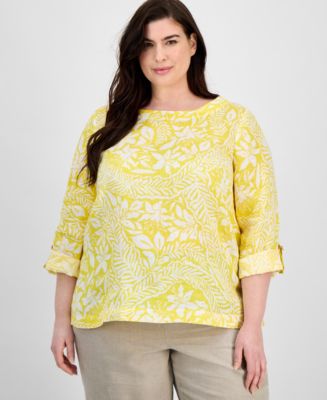 Charter Club Plus Size 100% Linen Printed Roll-Tab-Sleeve Top ...