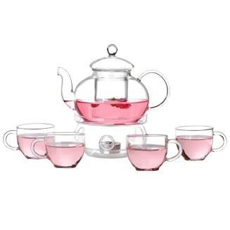 6-Piece Glass Teapot Set with Warmer and Infuser – Includes 4 Tea Cups ...