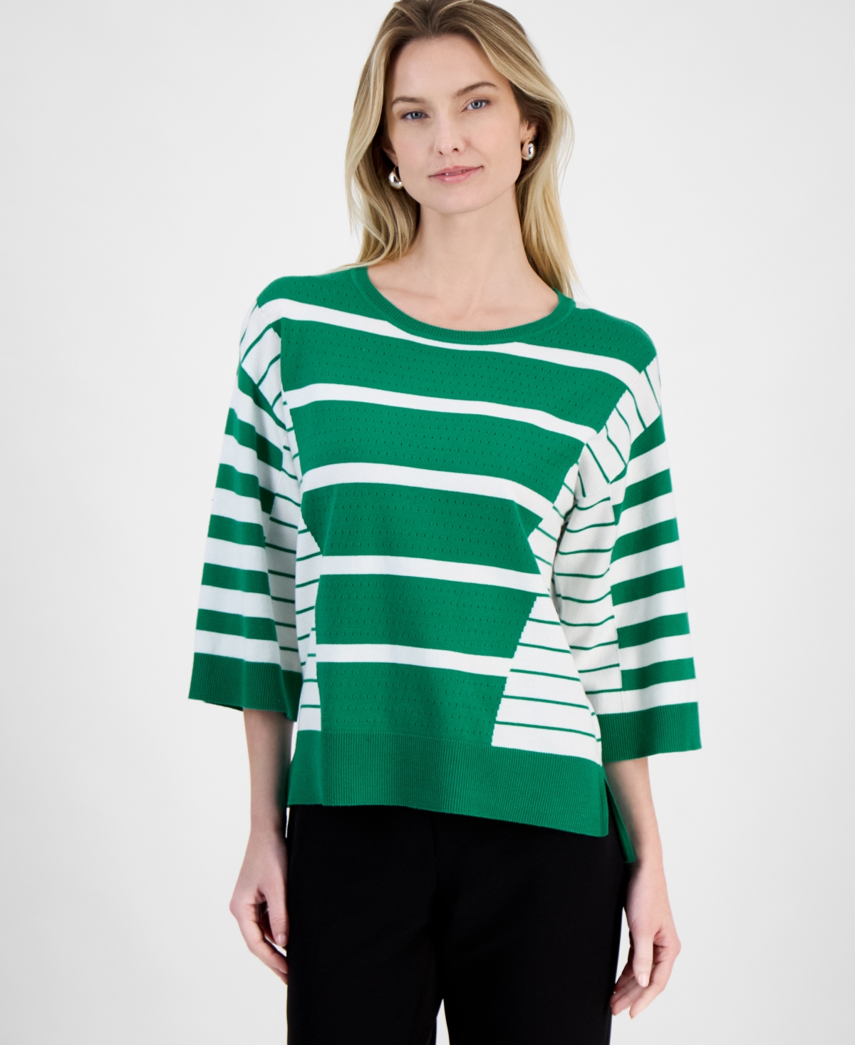 Click here for T Tahari Womens Striped 3/4-Sleeve Sweater - Green... prices