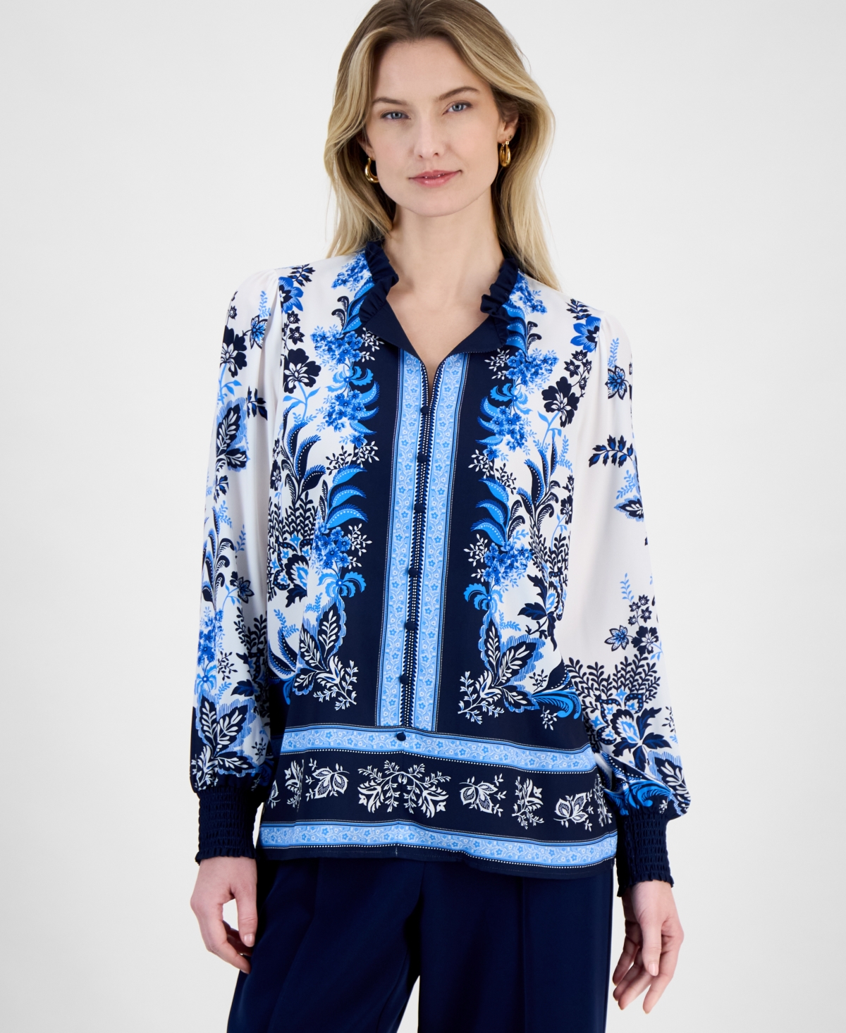 Click here for T Tahari Womens Printed Blouson-Sleeve Blouse - Ma... prices