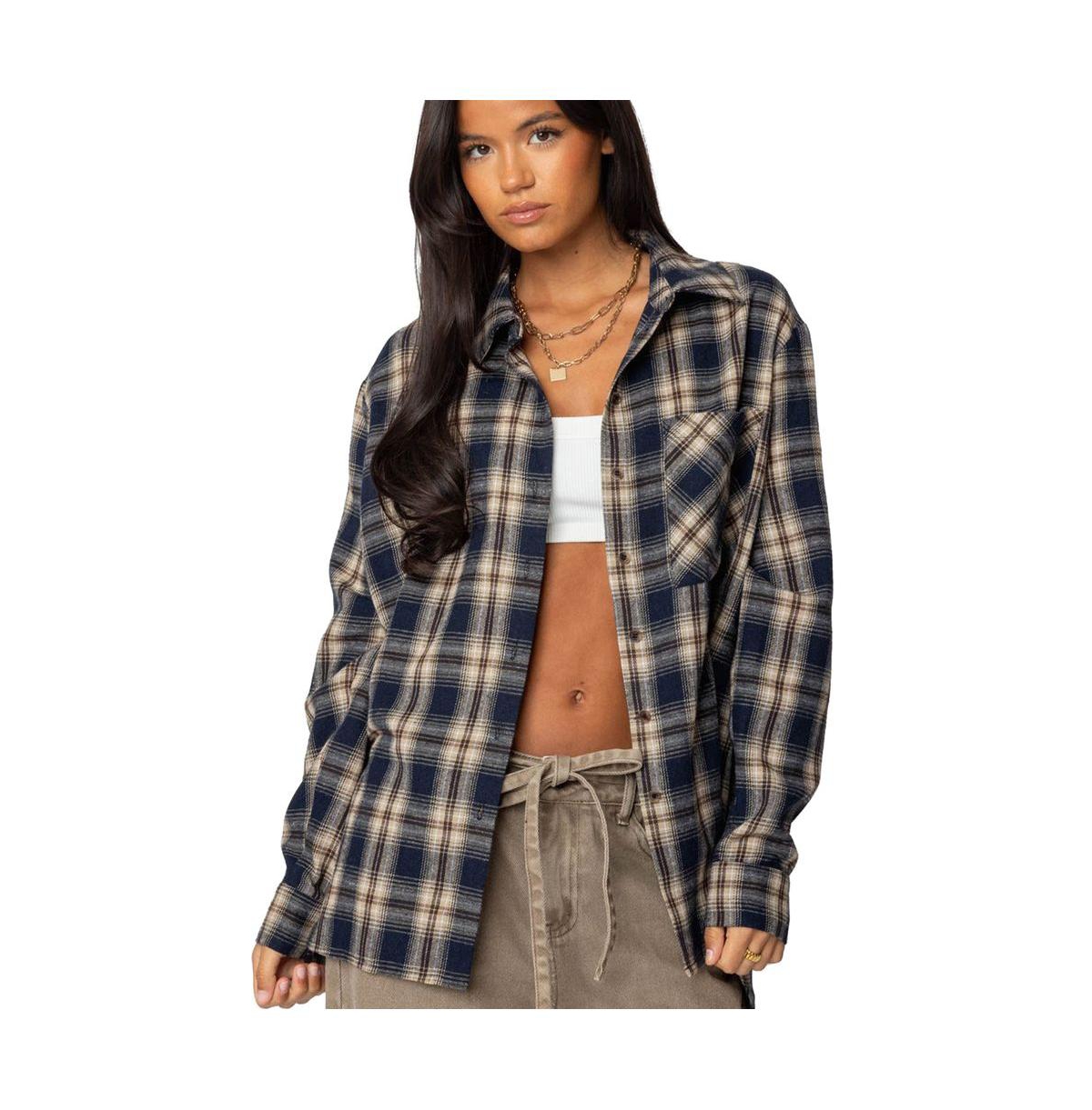 Click here for Edikted Womens Plaid Flannel Button Up Shirt - Nav... prices