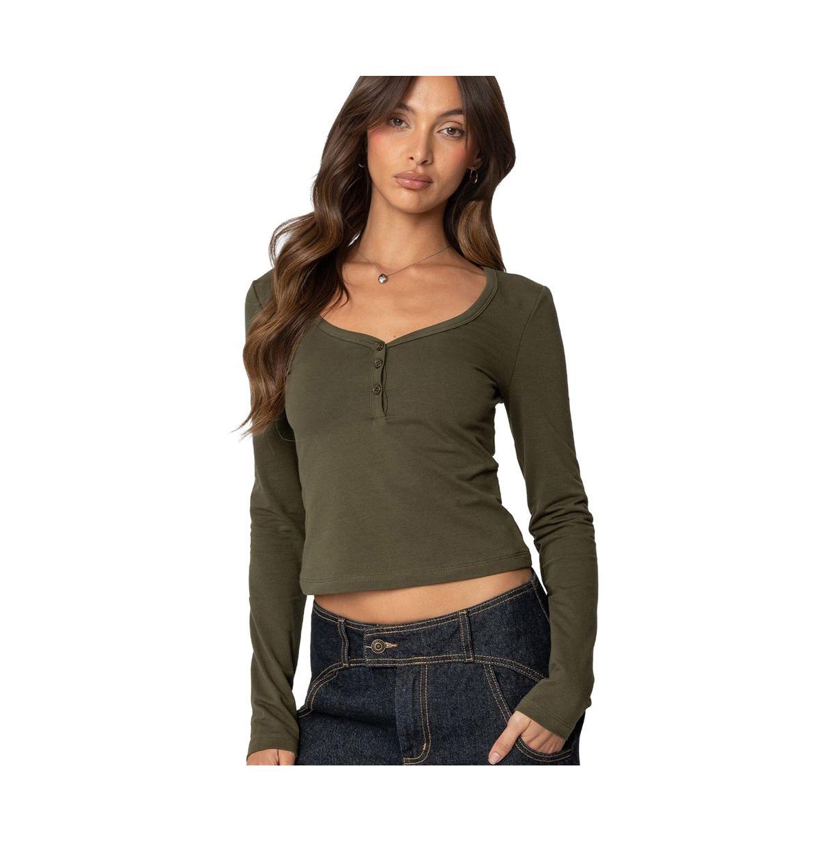 Click here for Edikted Womens Leah Henley Top - Olive prices