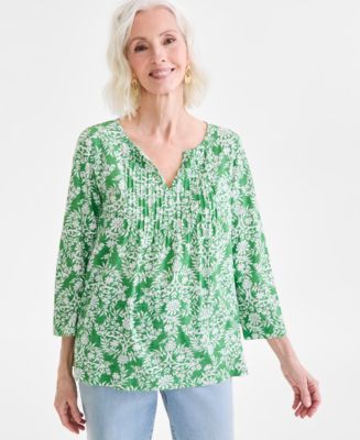 Style & Co Women's Printed Pintuck Split-Neck Top, Exclusively at Macy's - Macy's