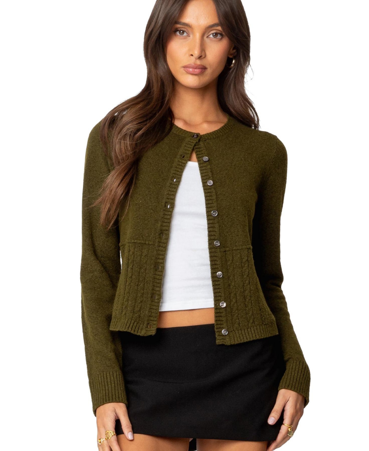 Click here for Edikted Womens Half Cable Knit Cardigan - Olive prices