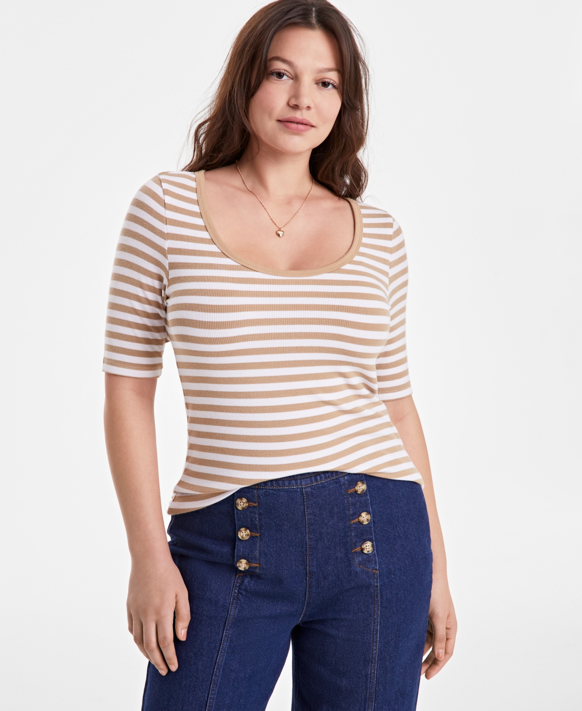Click here for On 34th Womens Striped Scoop-Neck Elbow-Sleeve Top... prices