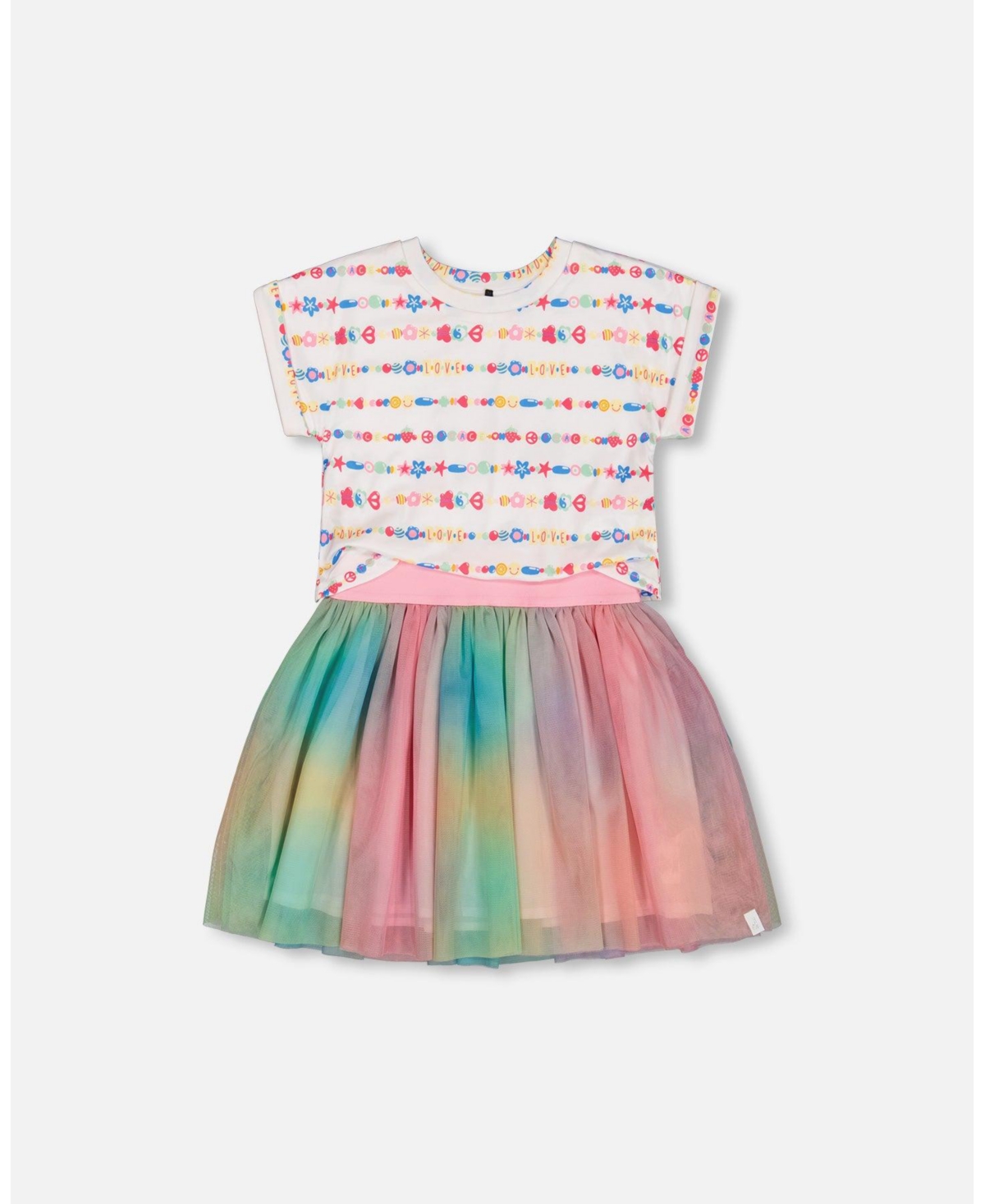 Deux par Deux Big Girls Bi-Material Dress With Mesh Skirt Multicolored Tie Dye And White - Multicolored tie dye and white
