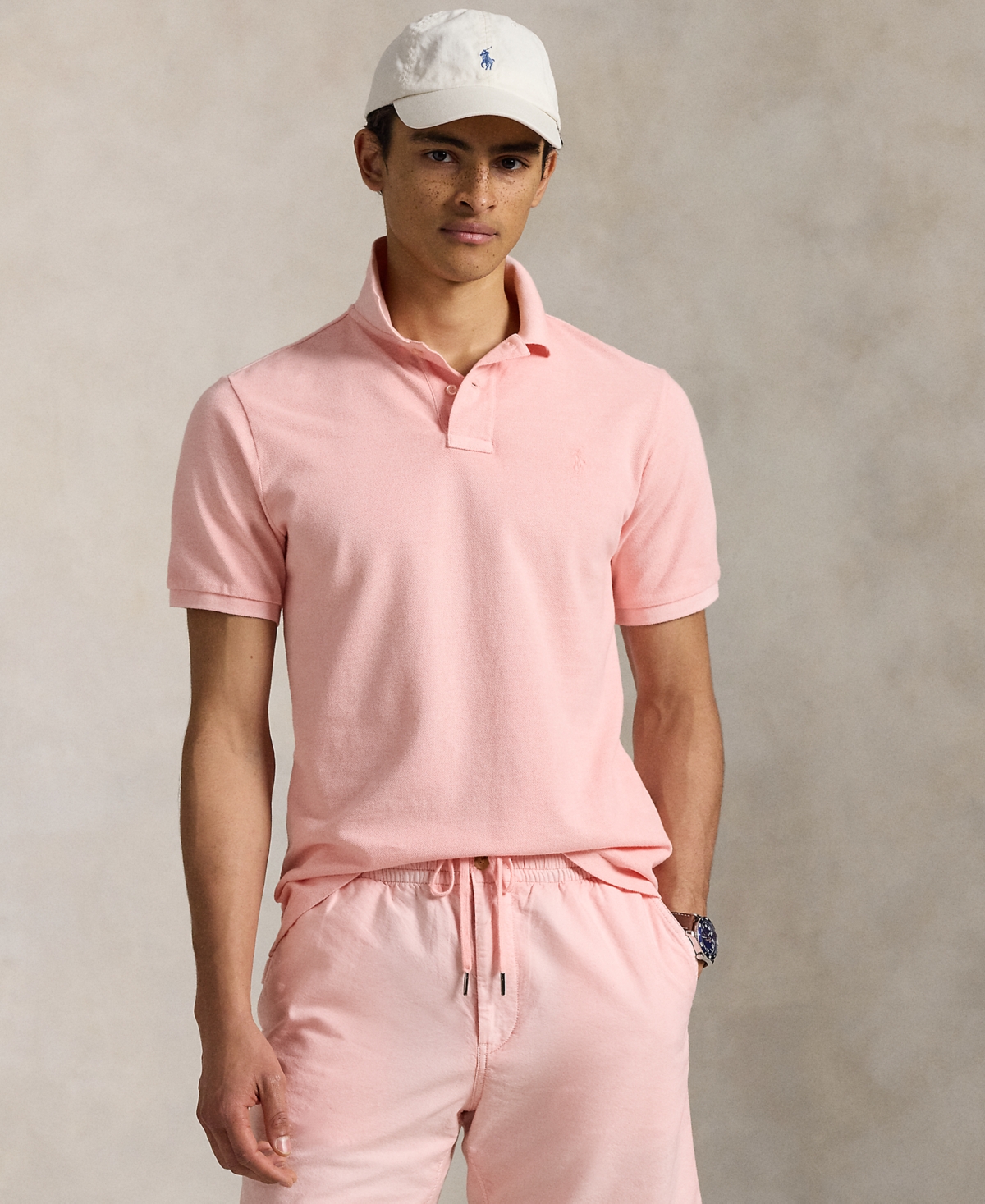 Polo Ralph Lauren Mens Classic-Fit Mineral-Dyed Mesh Polo Shirt - Rose