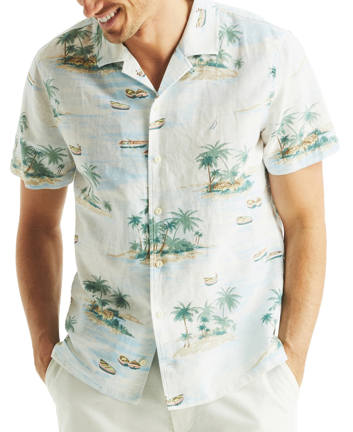 Click here for Nautica Mens Short Sleeve Button-Front Tropical Pr... prices