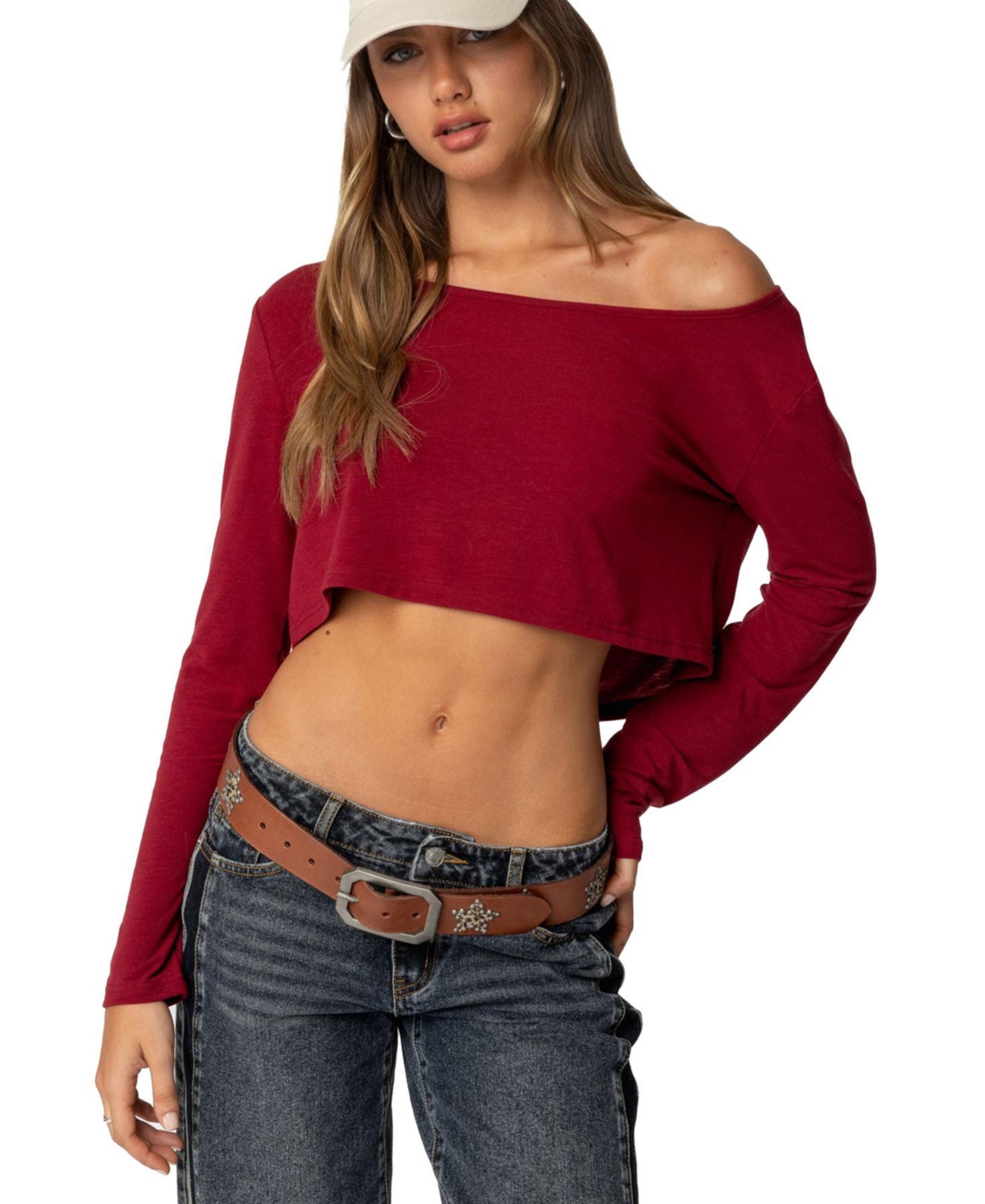 Click here for Edikted Womens Cropped Off Shoulder Top - Burgundy prices