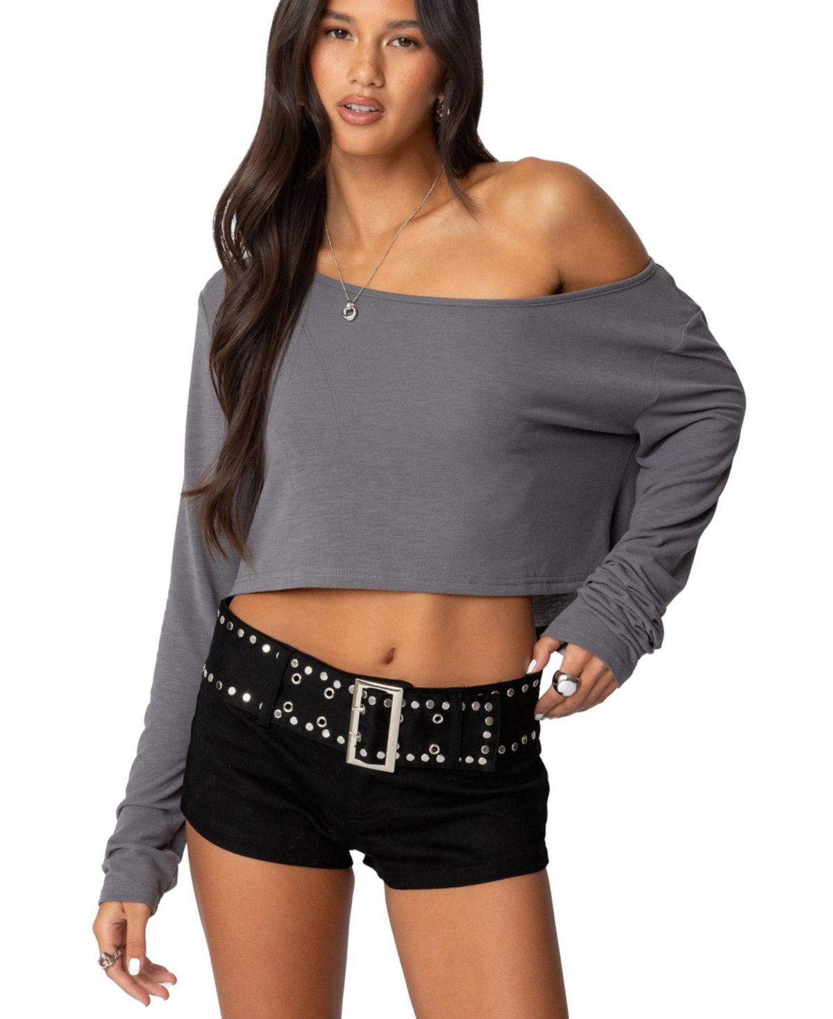 Click here for Edikted Womens Cropped Off Shoulder Top - Gray prices