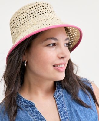 On 34th Faux-Leather-Trim Straw Bucket Hat, Exclusively at Macy's - Macy's