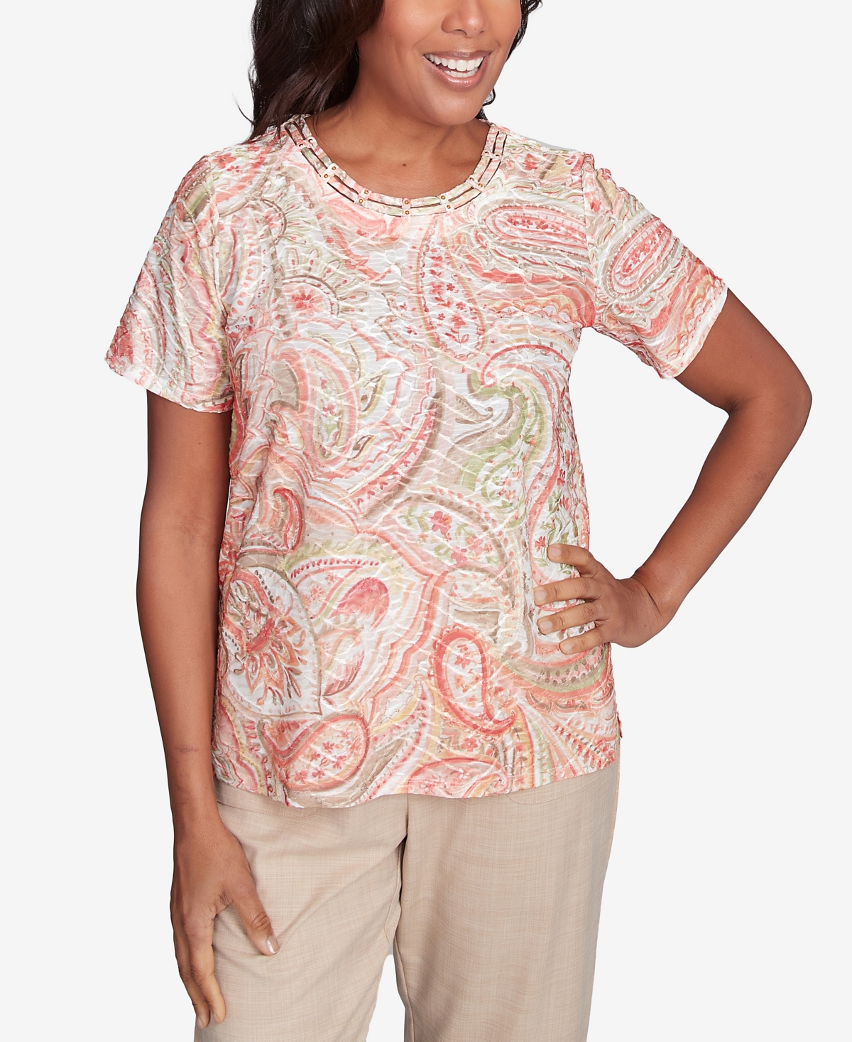 Alfred Dunner Womens Catalina Island Double-Knotted Paisley Top - Tangerine