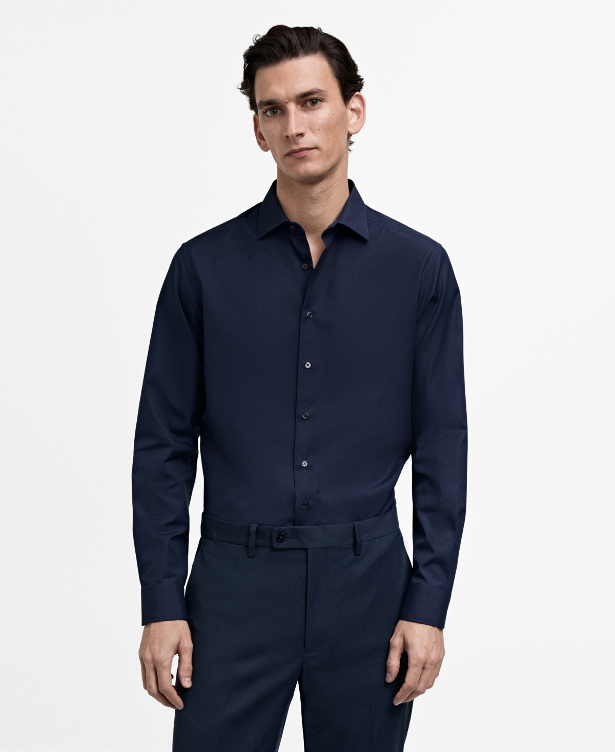 Click here for Mango Mens Slim-Fit Cotton Poplin Dress Shirt - Da... prices