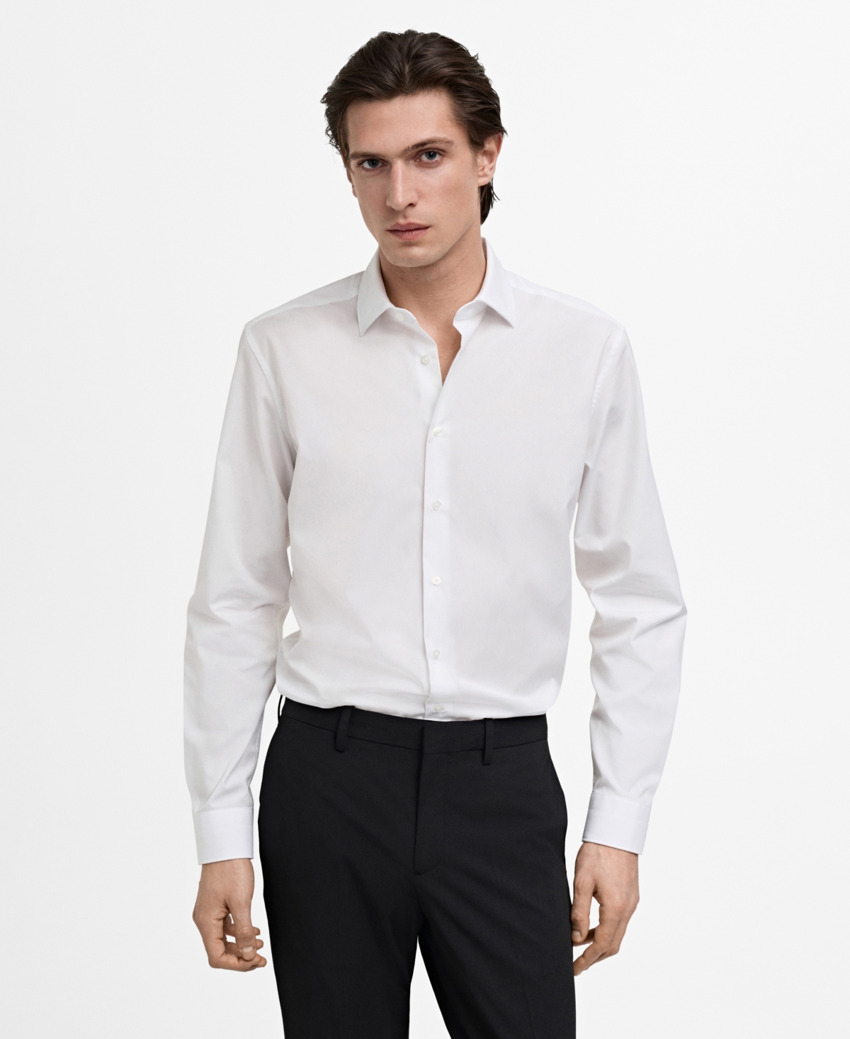 Click here for Mango Mens Slim-Fit Cotton Poplin Dress Shirt - Wh... prices