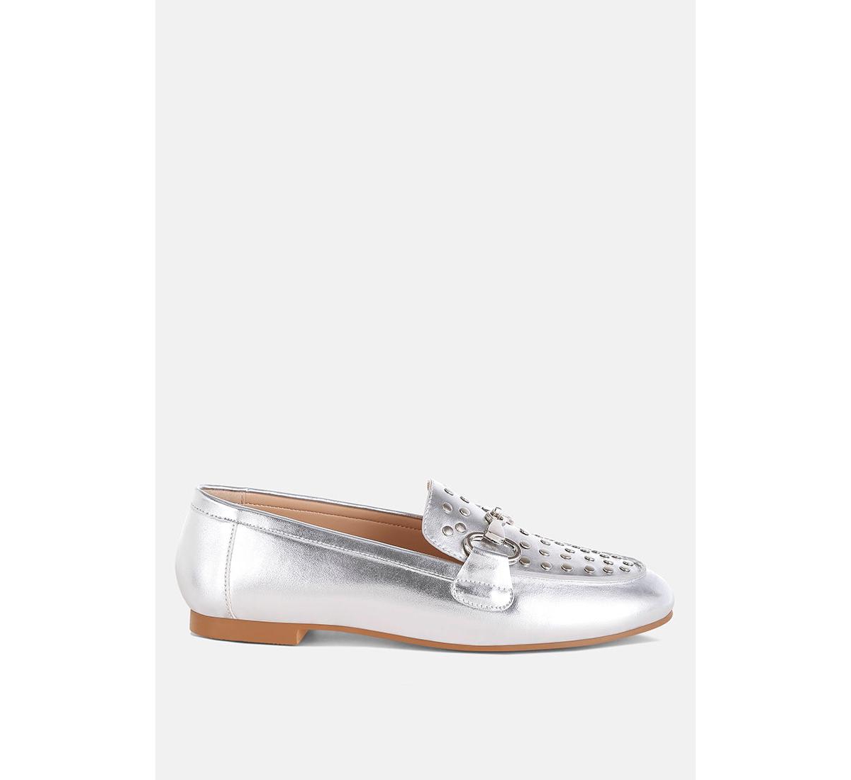 Click here for Estafa Horsebit & Studs Metallic Pleather Loafers... prices