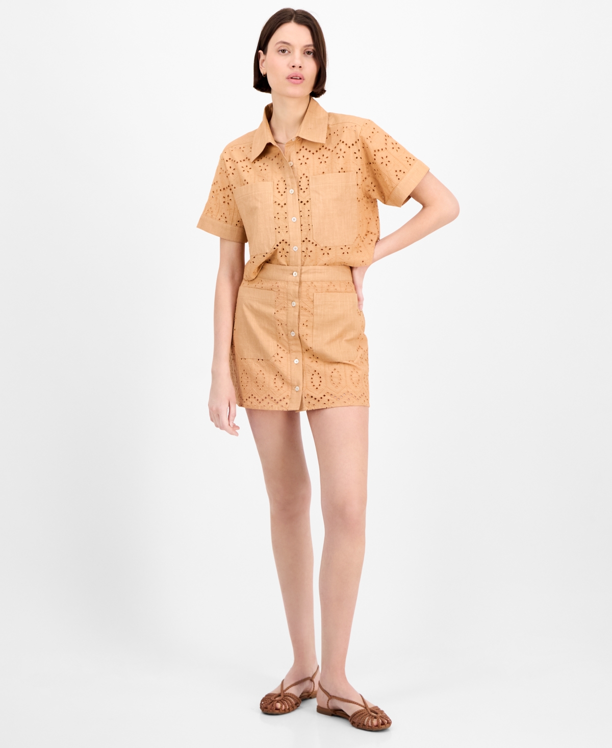 Click here for Avec Les Filles Womens Eyelet Midi Skirt - Apricot prices