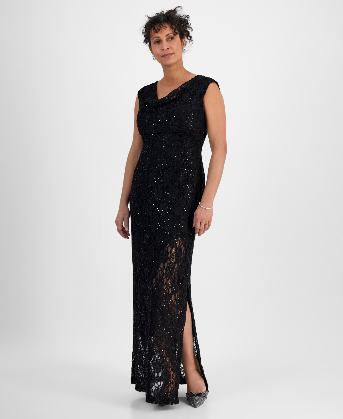 Click here for Connected Sequined Lace Cowl-Neck Gown - Black prices