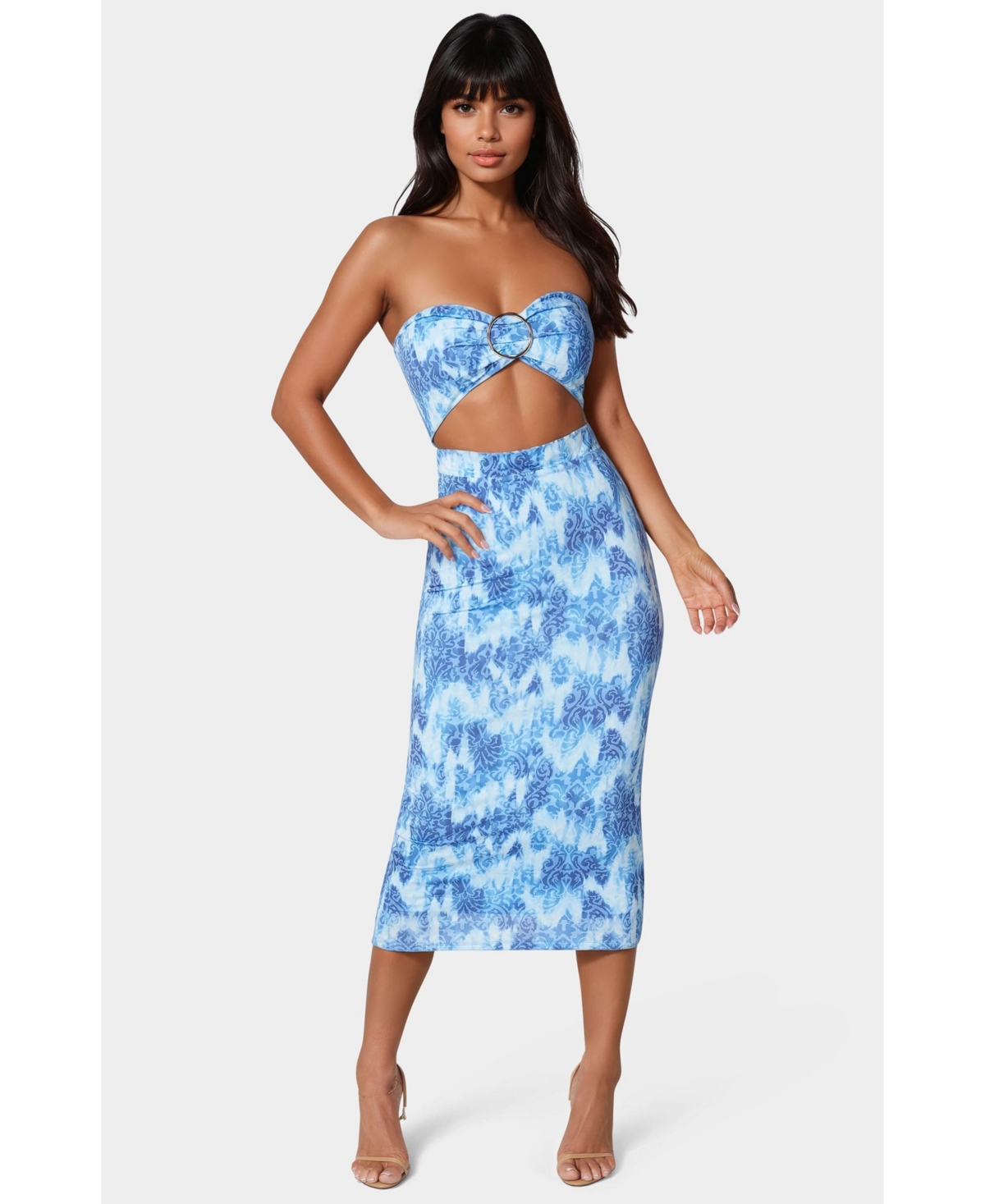 Click here for Bebe Womens Printed Front Cutout Midi - Blue prices