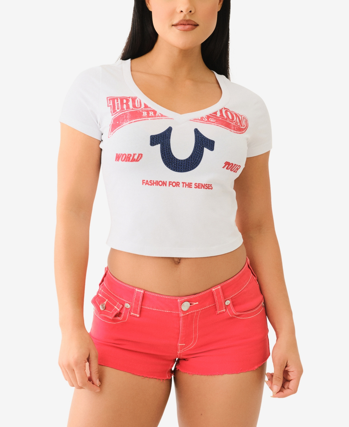 Click here for True Religion Womens Crystal Logo V-Neck Baby T-Sh... prices