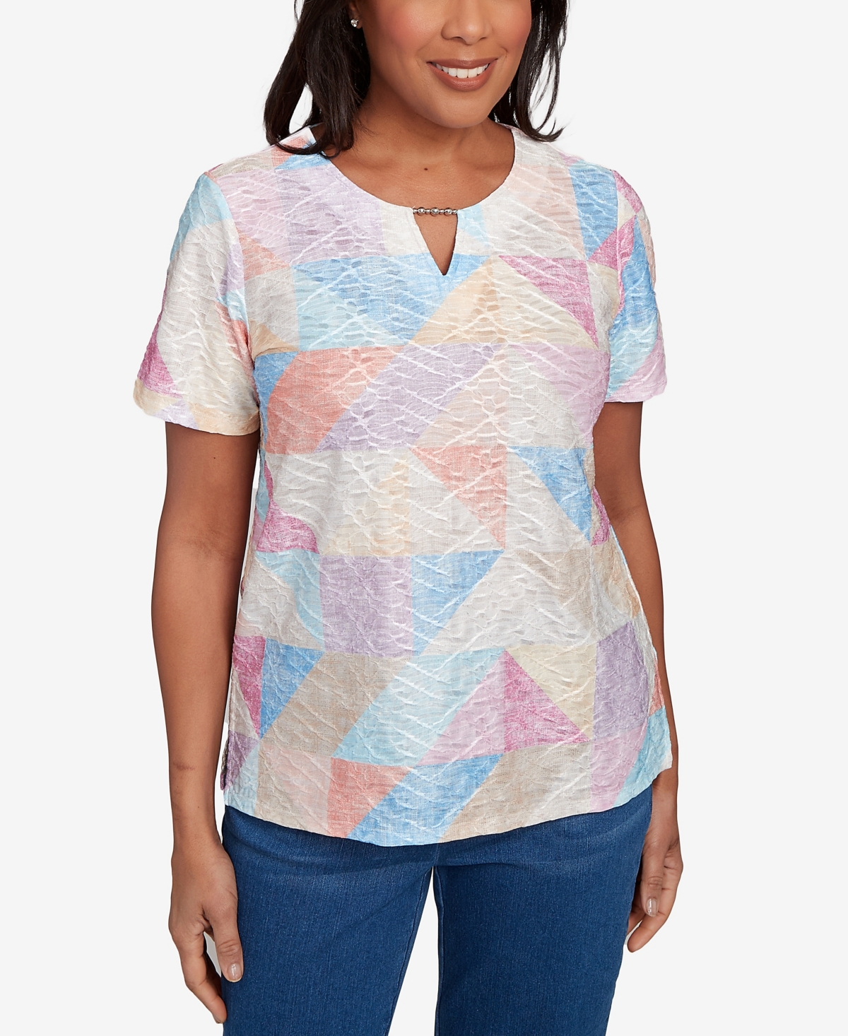 Click here for Alfred Dunner Womens Keyhole Geometric Patchwork T... prices
